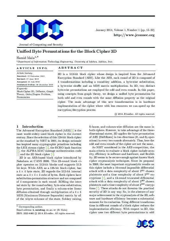 Pdf Unified Byte Permutations For The Block Cipher 3d