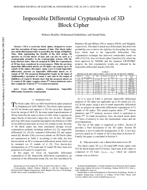 (PDF) Impossible Differential Cryptanalysis of 3D Block Cipher