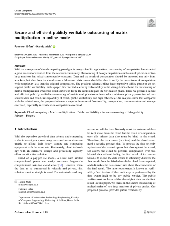 (PDF) Secure and efficient publicly verifiable outsourcing of matrix ... (PDF) Secure and efficient publicly verifiable outsourcing of matrix ...