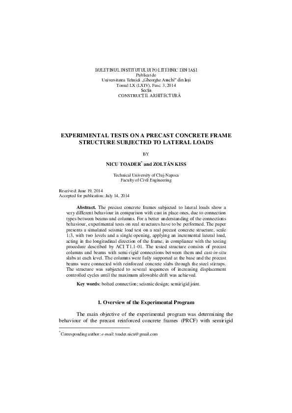 Pdf Experimental Tests On A Precast Concrete Frame Structure Subjected To Lateral Loads