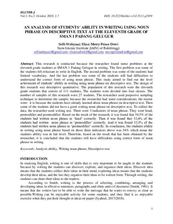 (PDF) An Analysis of Students' Ability in Writing Using Noun Phrase on Descriptive Text