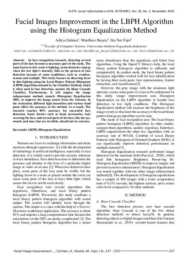 (PDF) Facial Images Improvement in the LBPH Algorithm Using the Histogram Equalization Method