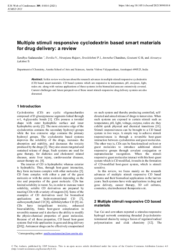 (PDF) Multiple stimuli responsive cyclodextrin based smart materials for drug delivery: a review