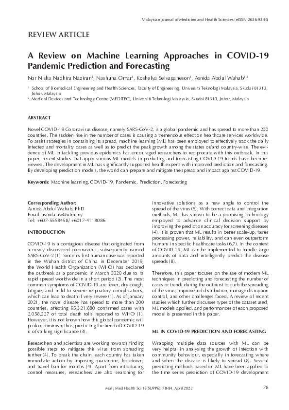 (PDF) A Review on Machine Learning Approaches in COVID-19 Pandemic Prediction and Forecasting