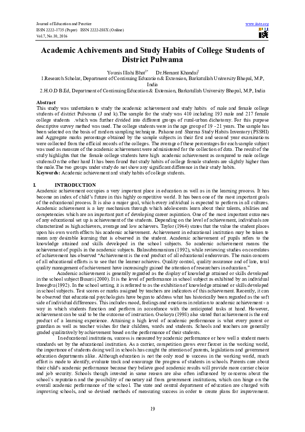 (PDF) Academic Achievements and Study Habits of College Students of ...