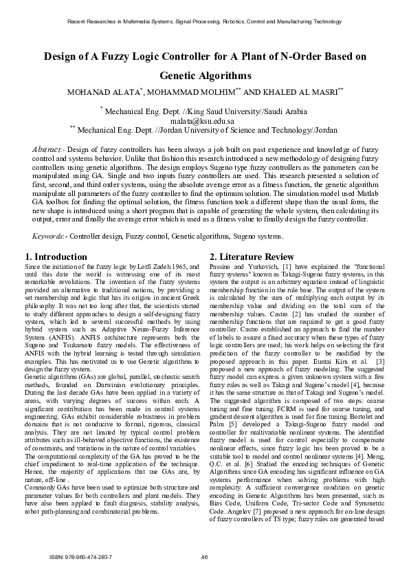 Pdf Design Of A Fuzzy Logic Controller For A Plant Of N Order Based On Genetic Algorithms 
