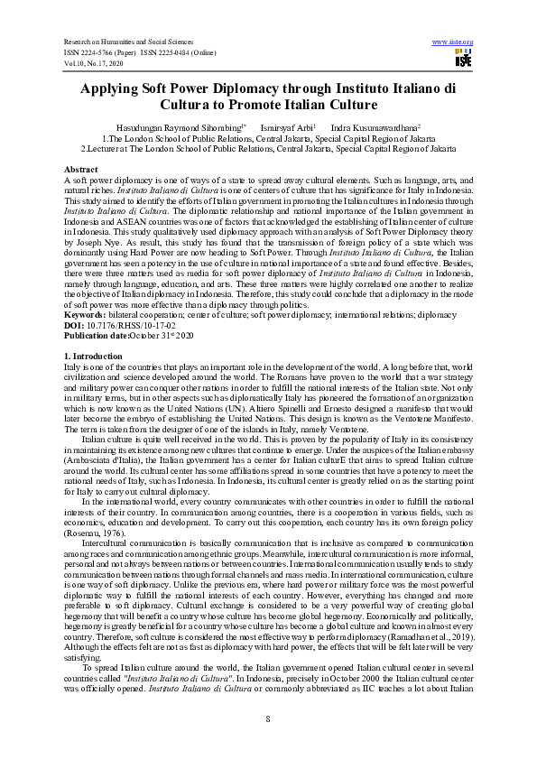 (PDF) Applying Soft Power Diplomacy through Instituto Italiano di ...