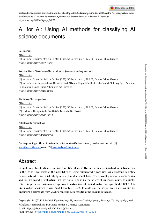 Pdf Ai For Ai Using Ai Methods For Classifying Ai Science Documents