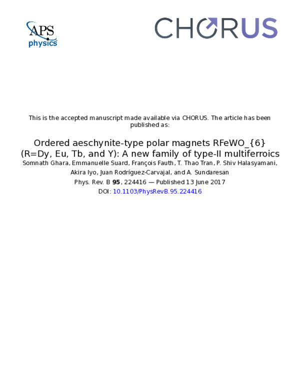 (PDF) Ordered aeschynite-type polar magnets RFeWO6 ( R=Dy , Eu, Tb, and ...