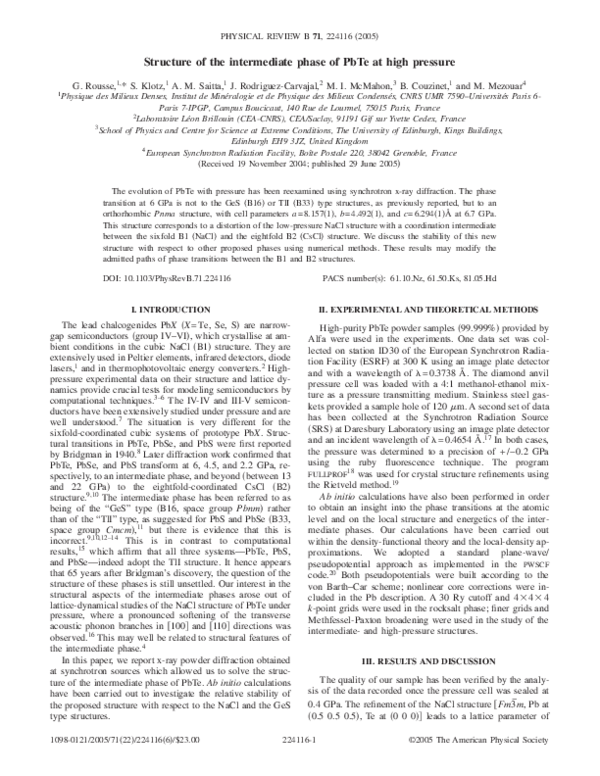 (PDF) Structure of the intermediate phase of PbTe at high pressure
