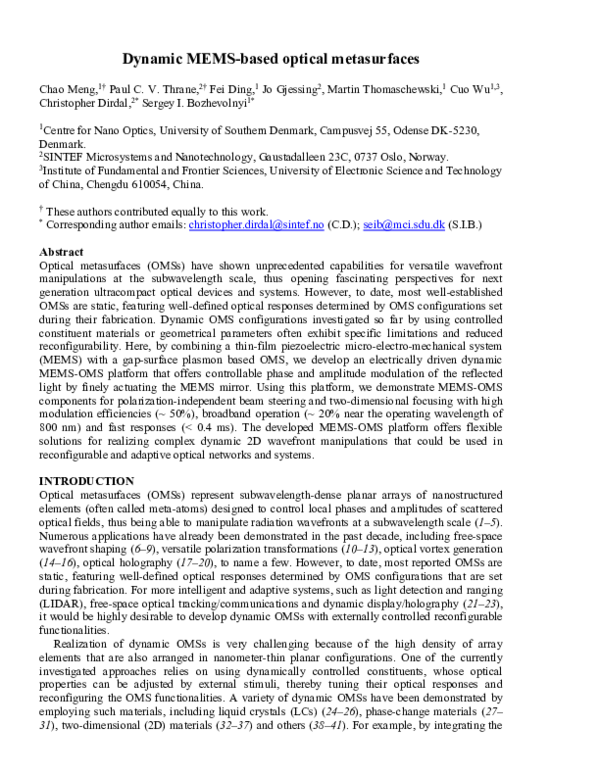 (PDF) Dynamic MEMS-based optical metasurfaces | Paul Thrane - Academia.edu