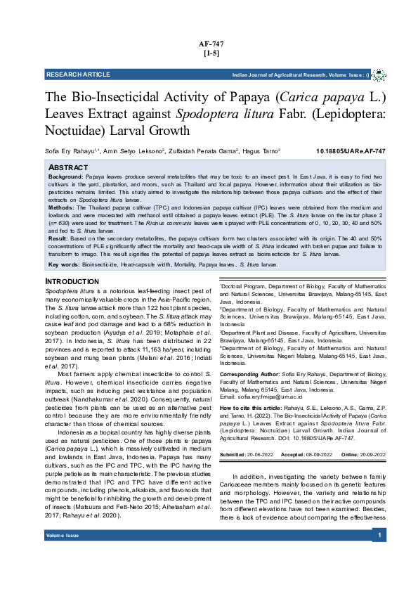 (PDF) The Bio-Insecticidal Activity of Papaya (Carica papaya L.) Leaves ...