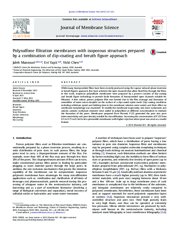 (PDF) Polysulfone filtration membranes with isoporous structures ...