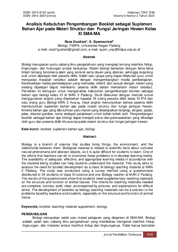 (PDF) Analisis Kebutuhan Pengembangan Booklet Sebagai Suplemen Bahan Ajar Pada Materi Struktur ...