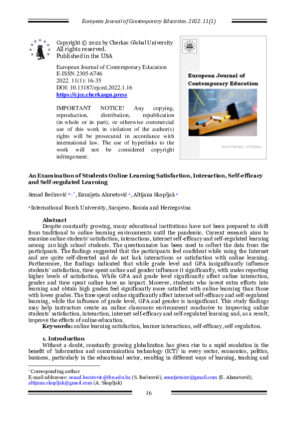 (PDF) An Examination of Students Online Learning Satisfaction, Interaction, Self-efficacy and ...