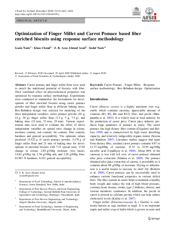 (PDF) Optimization of Finger Millet and Carrot Pomace based fiber enriched biscuits using ...