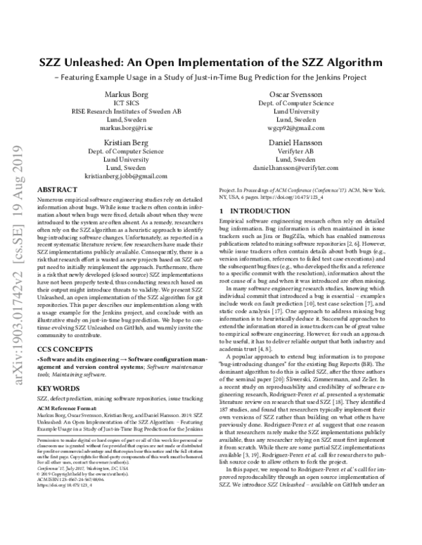 (PDF) SZZ unleashed: an open implementation of the SZZ algorithm - featuring example usage in a ...