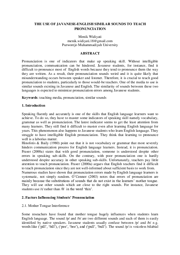 (PDF) The Use of Javanese-English Similar Sounds to Teach Pronunciation