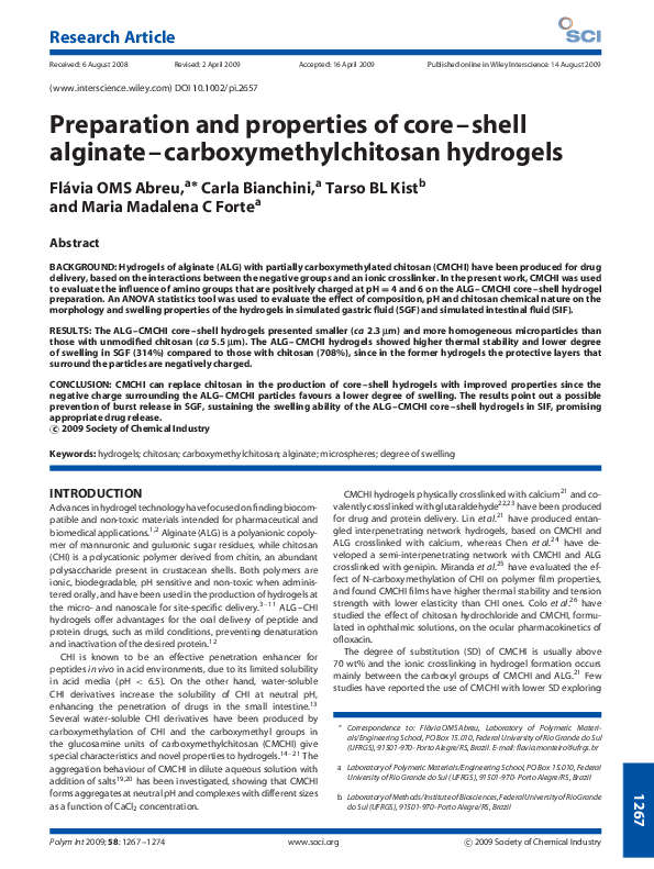 Pdf Preparation And Properties Of Core Shell Alginate Carboxymethylchitosan Hydrogels