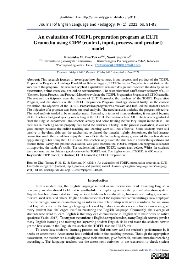(PDF) evaluation of TOEFL preparation program at ELTI Gramedia using CIPP (context, input ...