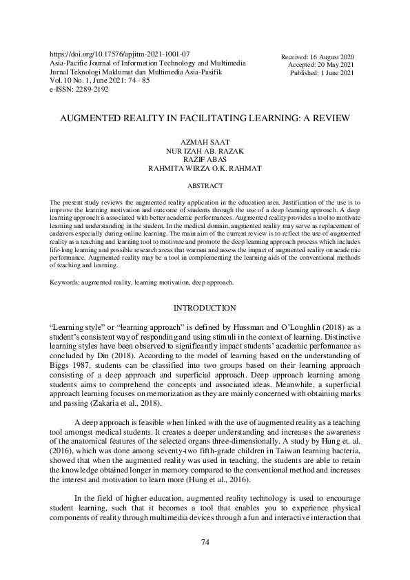 (PDF) Augmented Reality in Facilitating Learning: A Review | Nur faizah Izah - Academia.edu