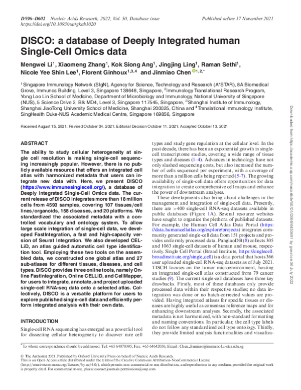 (PDF) DISCO: a database of Deeply Integrated human Single-Cell Omics data