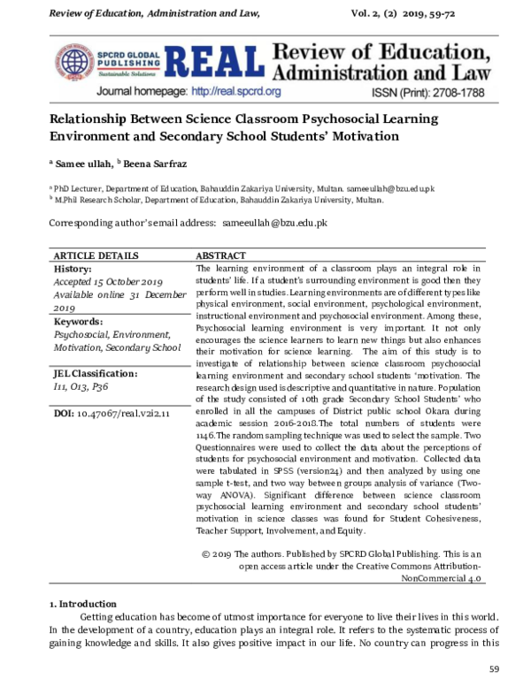 (PDF) Relationship Between Science Classroom Psychosocial Learning Environment and Secondary ...