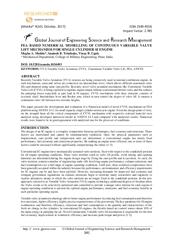 (PDF) Fea Based Numerical Modelling Of Continuous Variable Valve Lift ...