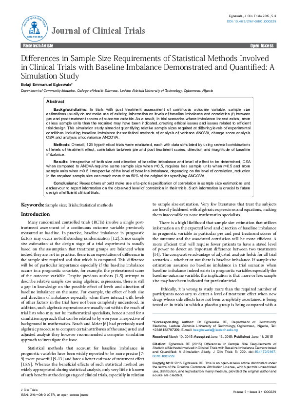 (PDF) Differences in Sample Size Requirements of Statistical Methods Involved in Clinical Trials ...