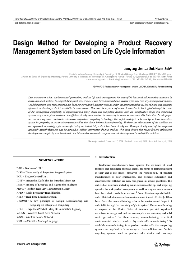 (PDF) Design method for developing a product recovery management system ...