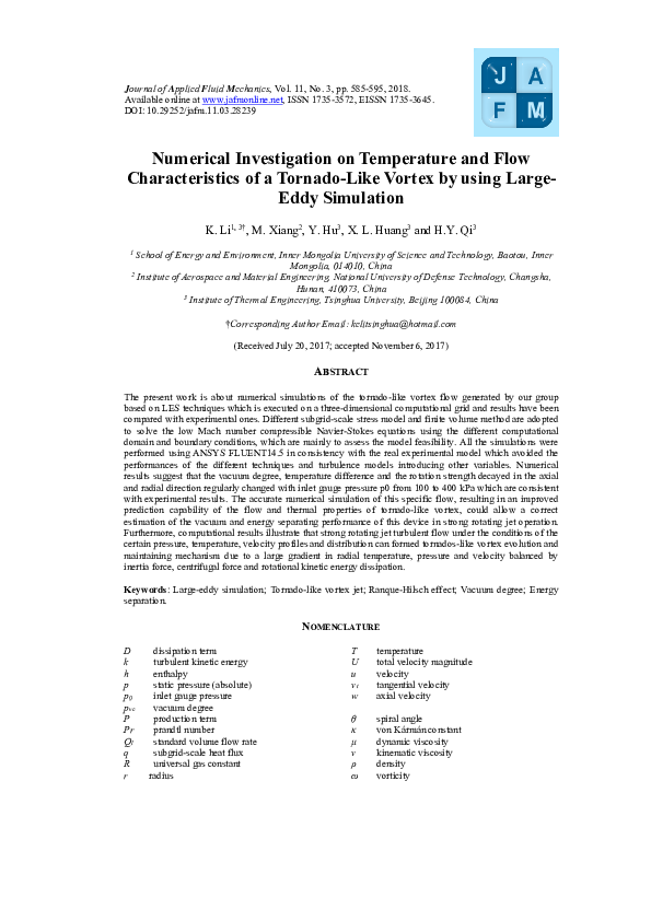 (PDF) Numerical Investigation on Temperature and Flow Characteristics of a Tornado-Like Vortex ...