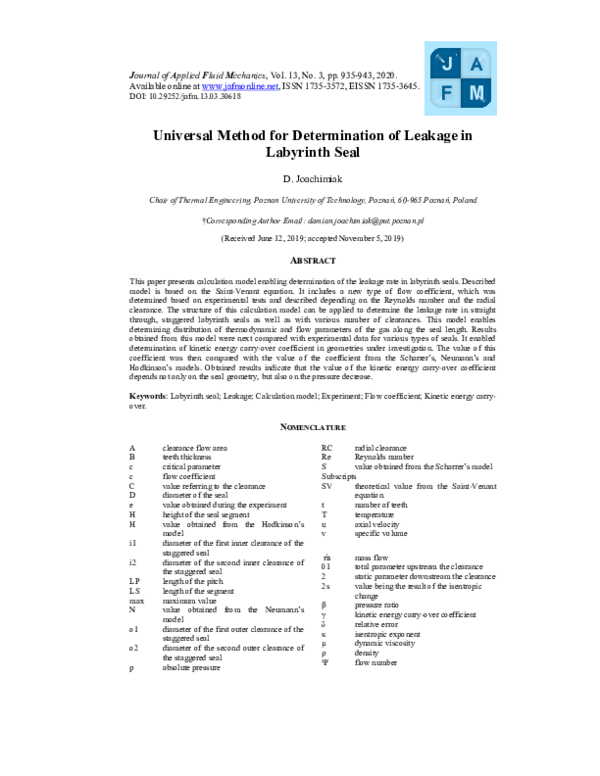 (PDF) Universal Method for Determination of Leakage in Labyrinth Seal