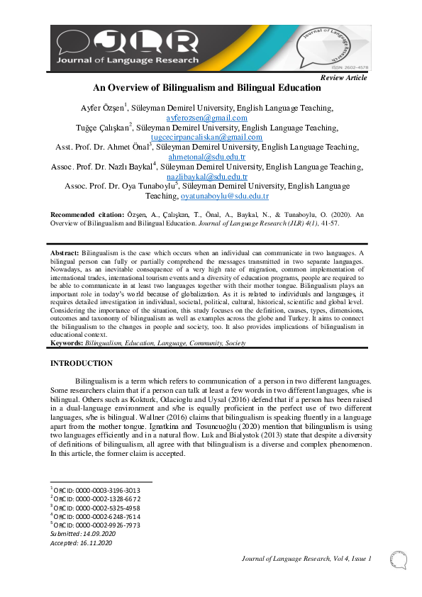 (PDF) An Overview of Bilingualism and Bilingual Education