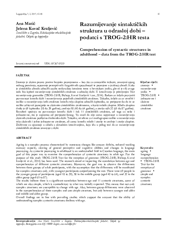 (PDF) Razumijevanje sintaktičkih struktura u odrasloj dobi – podatci s TROG-2