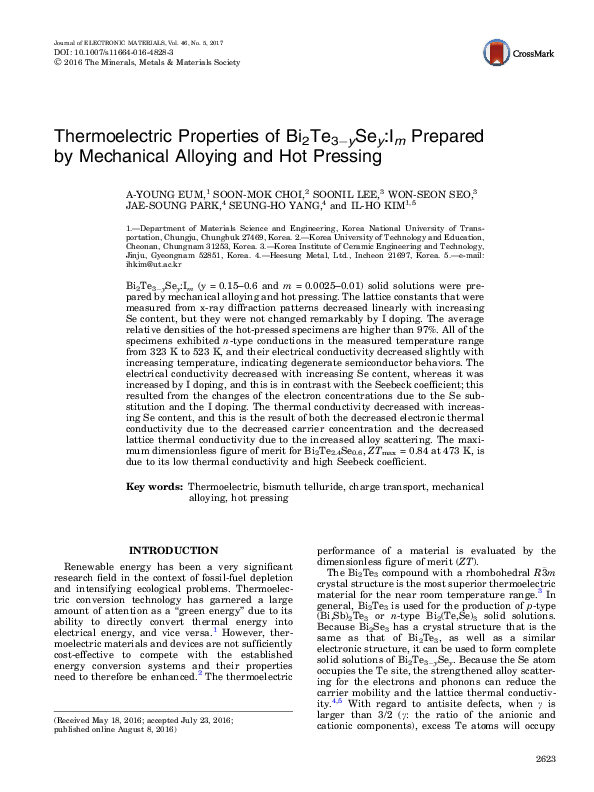 (PDF) Thermoelectric Properties of Bi2Te3−y Se y :I m Prepared by Mechanical Alloying and Hot ...