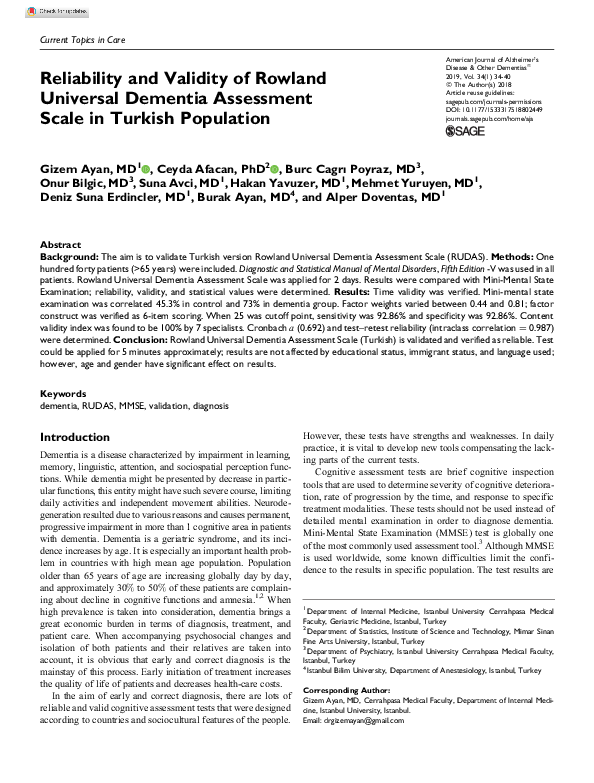 (PDF) Reliability and Validity of Rowland Universal Dementia Assessment Scale in Turkish ...