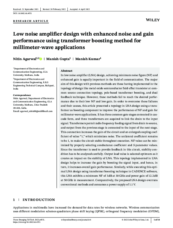 Pdf Low Noise Amplifier Design With Enhanced Noise And Gain