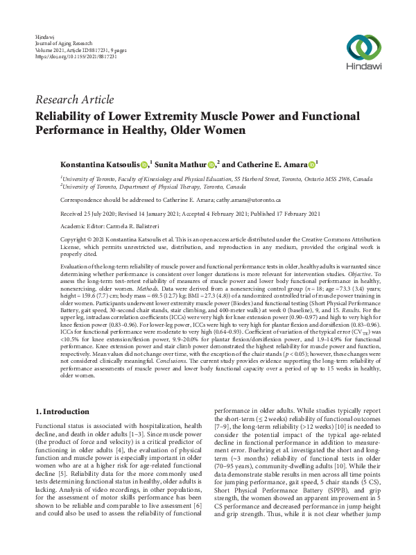 (PDF) Reliability of Lower Extremity Muscle Power and Functional Performance in Healthy, Older Women