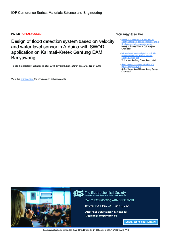 Pdf Design Of Flood Detection System Based On Velocity And Water Level Sensor In Arduino With
