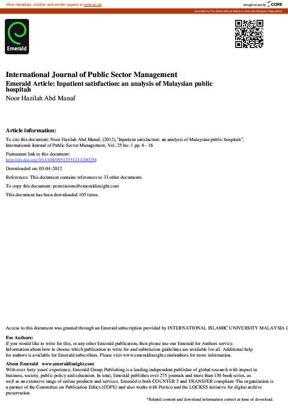 Pdf Inpatient Satisfaction An Analysis Of Malaysian Public Hospitals