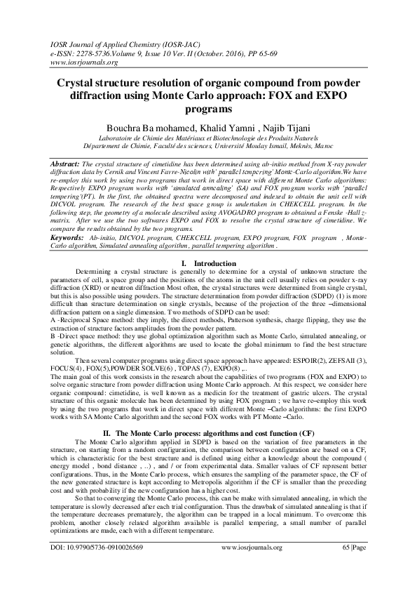 (PDF) Crystal structure resolution of organic compound from powder diffraction using Monte Carlo ...