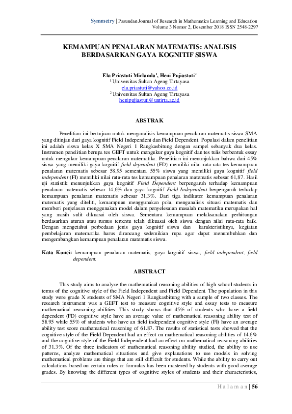 (PDF) Kemampuan Penalaran Matematis: Analisis Berdasarkan Gaya Kognitif Siswa