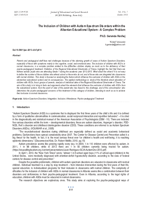 (PDF) The Inclusion of Children with Autism Spectrum Disorders within the Albanian Educational ...