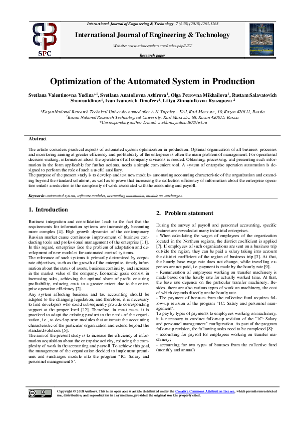 (PDF) Optimization of the Automated System in Production