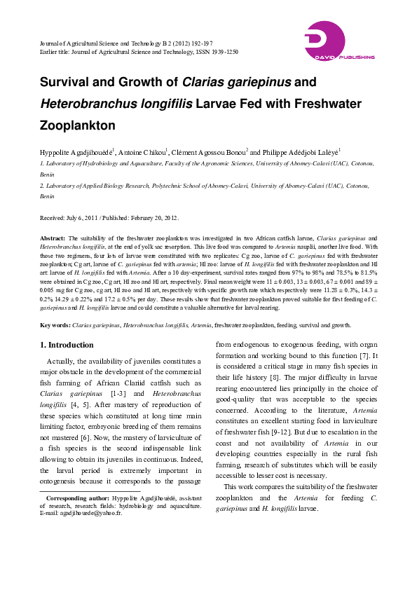 (PDF) Survival and Growth of Clarias gariepinus and Heterobranchus ...
