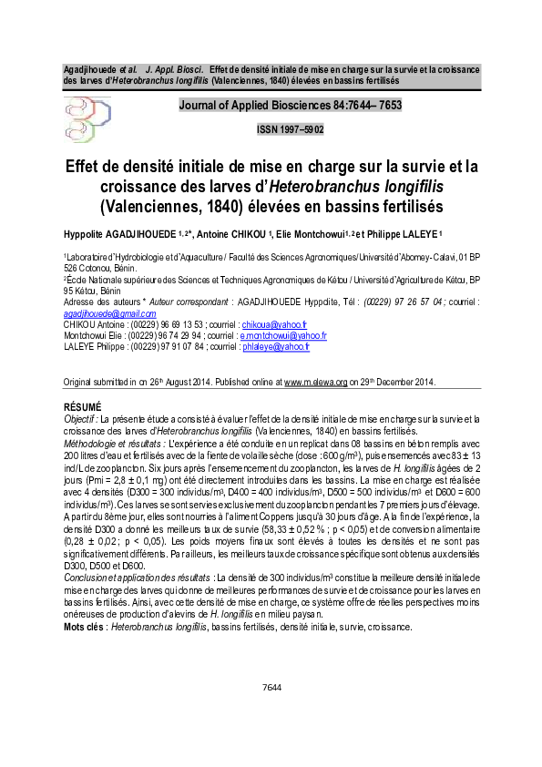 (PDF) Effet de densité initiale de mise en charge sur la survie et la ...