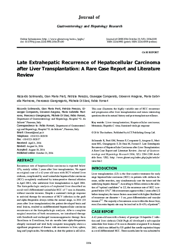 (PDF) Late Extrahepatic Recurrence of Hepatocellular Carcinoma after ...
