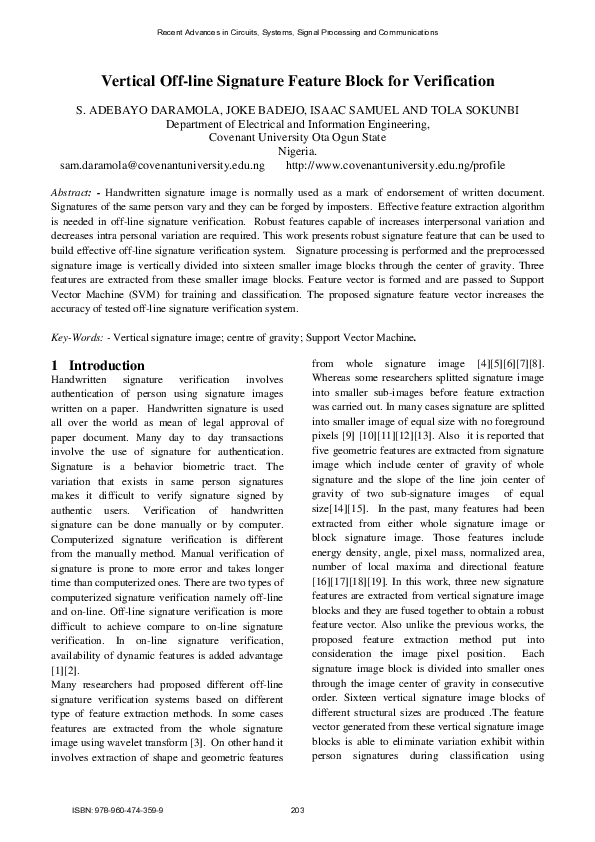 (PDF) Vertical Off-line Signature Feature Block for Verification | Isaac Samuel - Academia.edu
