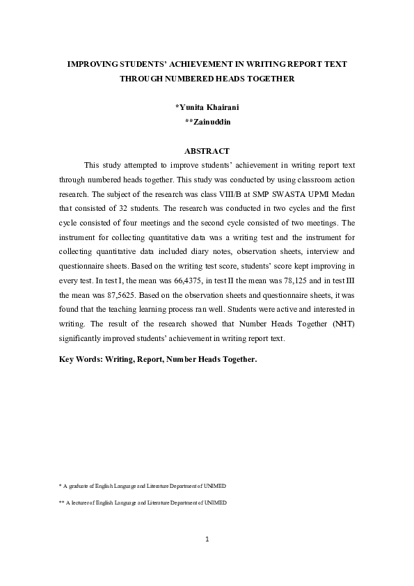 (PDF) Improving Students’ Achievement in Writing Report Text Through Numbered Heads Together