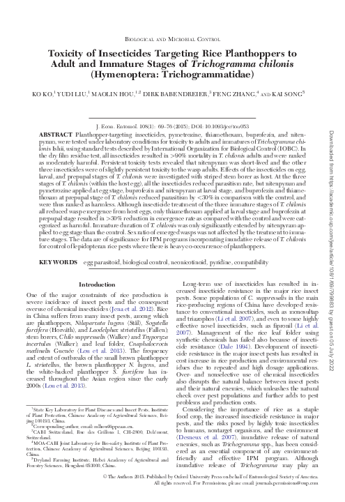 (PDF) Toxicity of Insecticides Targeting Rice Planthoppers to Adult and Immature Stages of ...
